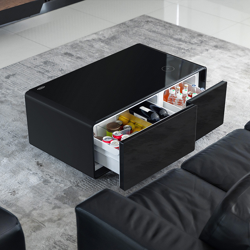 Mini Refrigerator and Tempered Glass Top Smart Coffee Table for Modern ...