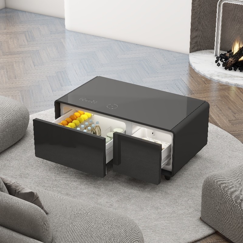 Wireless Charging Smart Coffee Table with Mini Fridge USB Charger and ...